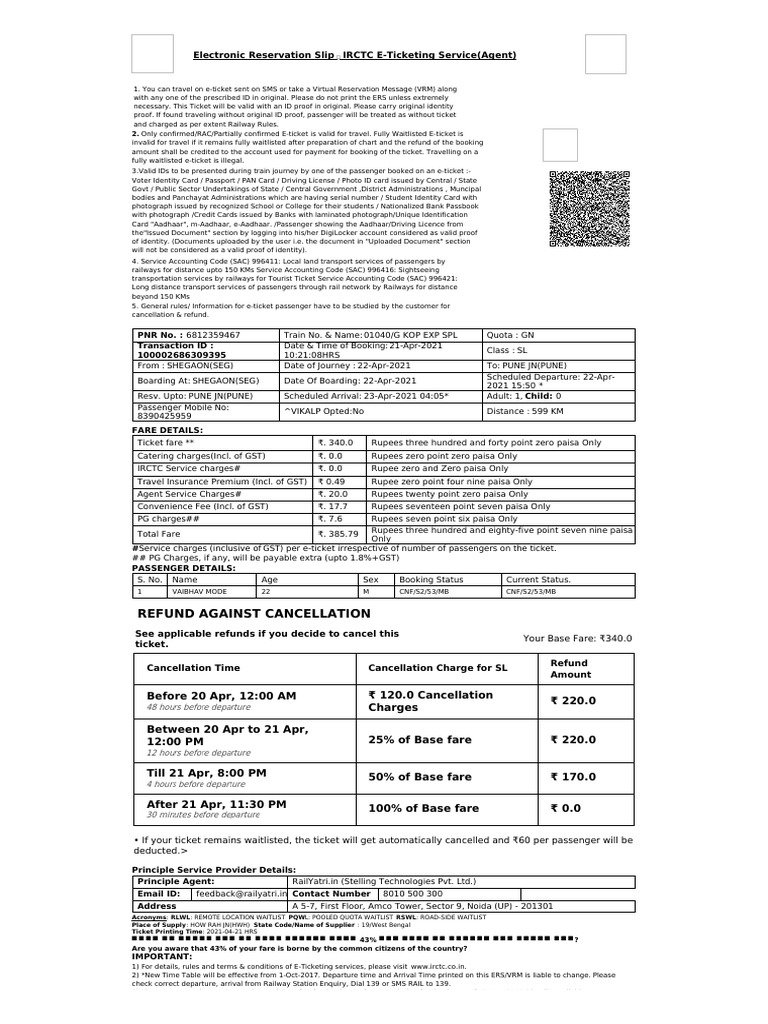 Electronic Reservation Slip IRCTC E-Ticketing Service (Agent) | PDF ...