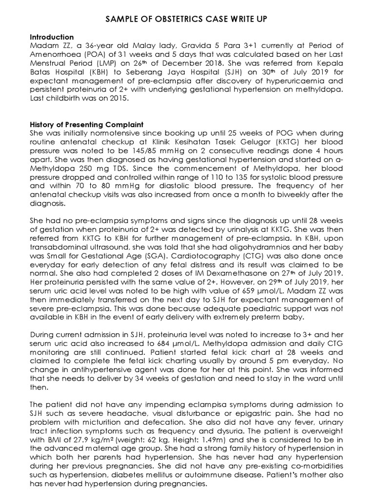 2019 Sample of Obstetric Case Write Up | PDF | Hypertension | Pregnancy