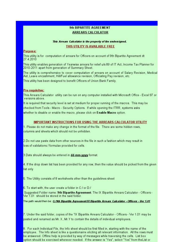9th Bipartite Arrears Calculator Guide | PDF | Worksheet | Microsoft Excel