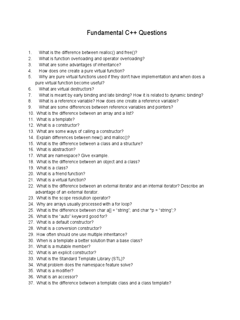 Fundamental C++ Questions | PDF | C++ | Class (Computer Programming)