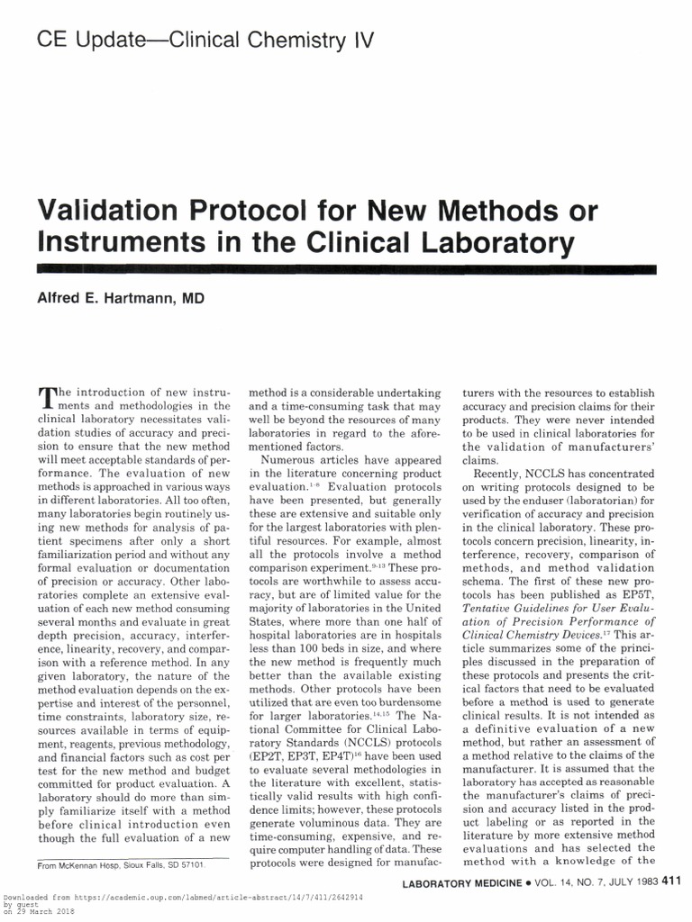 Validation Protocol For New Methods or Instruments in The Clinical ...