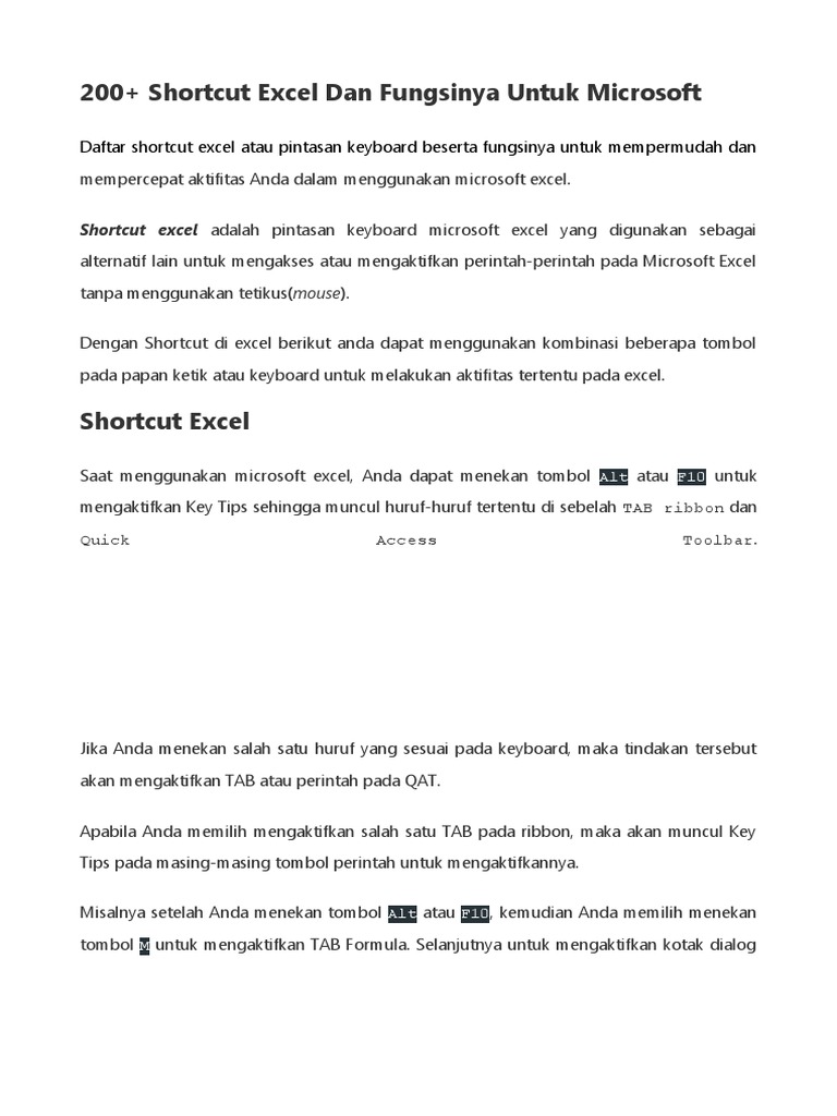 200+ Shortcut Excel Dan Fungsinya | PDF