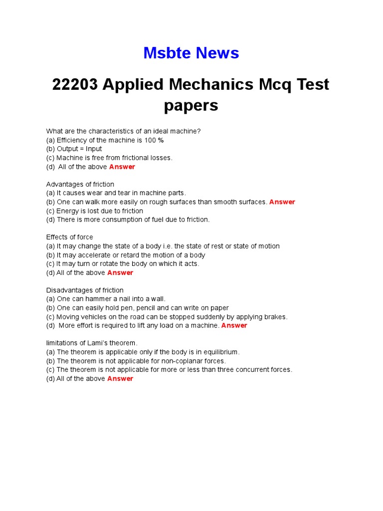 Applied Mechanics MCQ With Answers PDF | PDF | Friction | Force