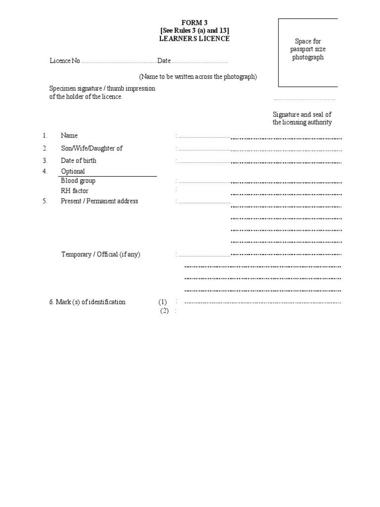 Form 3 (See Rules 3 (A) and 13) Learner S Licence | PDF | Driving ...