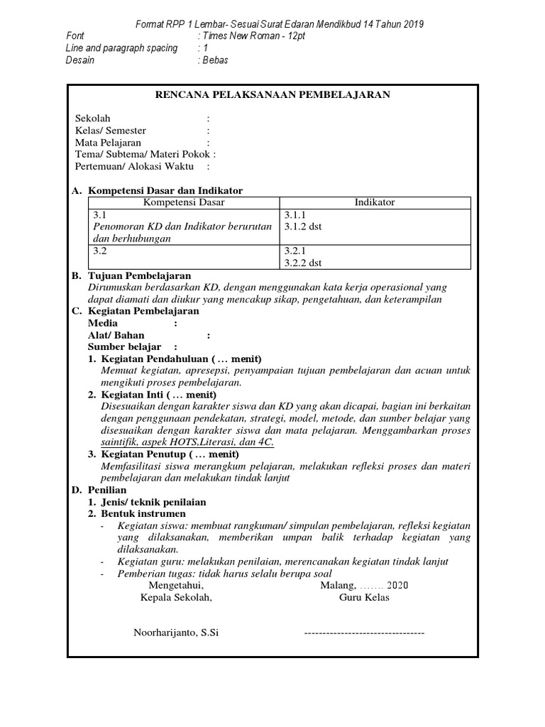 Format Pembuatan RPP 1 Lembar | PDF