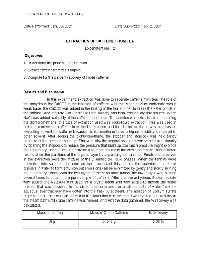 Caffeine Extraction for Chem Students | PDF | Solution | Solubility