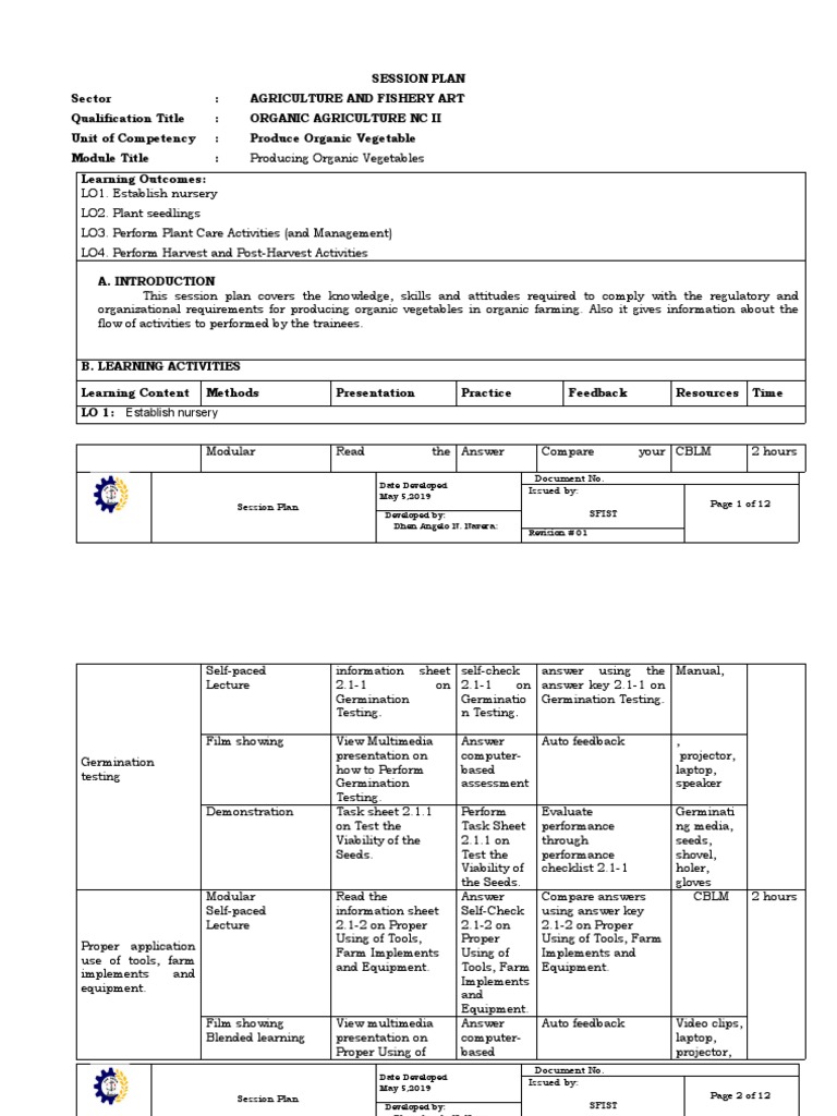 OrganicAgriSESSION PLAN | PDF | Germination | Agriculture