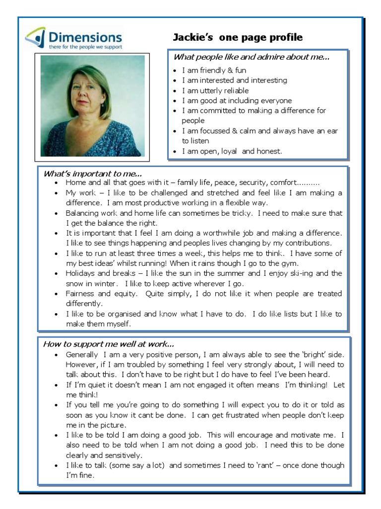 Jackie's One Page Profile: What People Like and Admire About Me | PDF ...