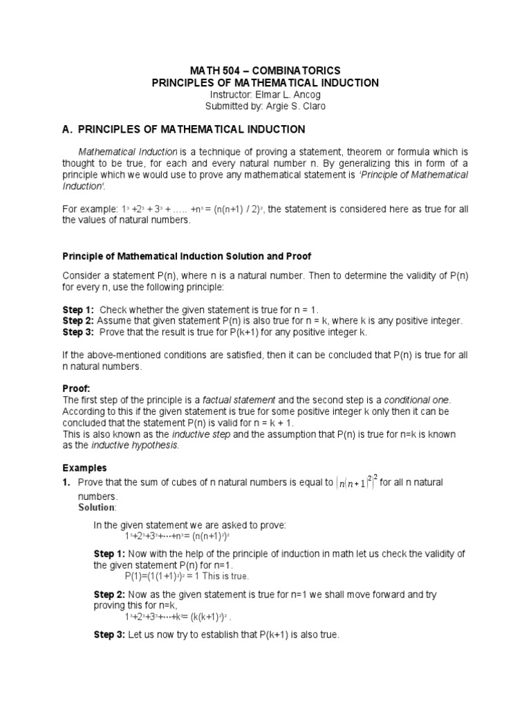 MATH 504 - Combinatorics (Principles of Mathematical Induction) | PDF | Mathematical Proof ...