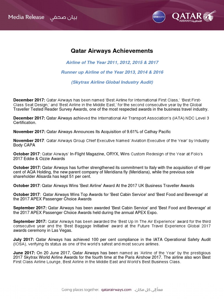 Qatar Airways Achievements English | PDF | Business Class | Airlines
