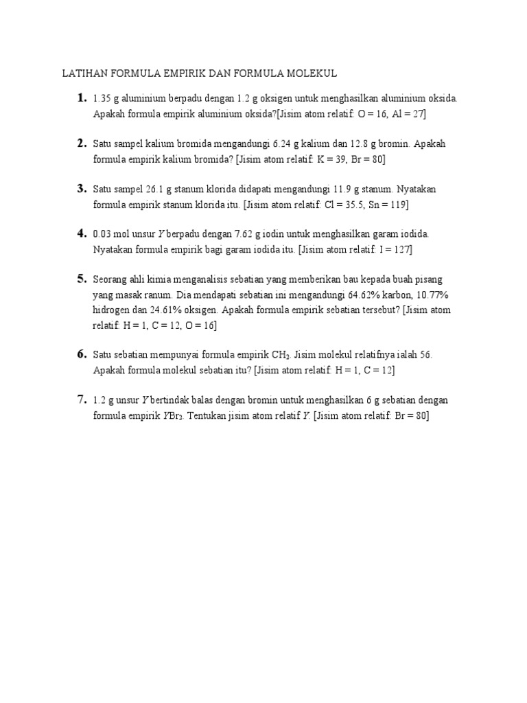 Latihan Formula Empirik Dan Formula Molekul | PDF