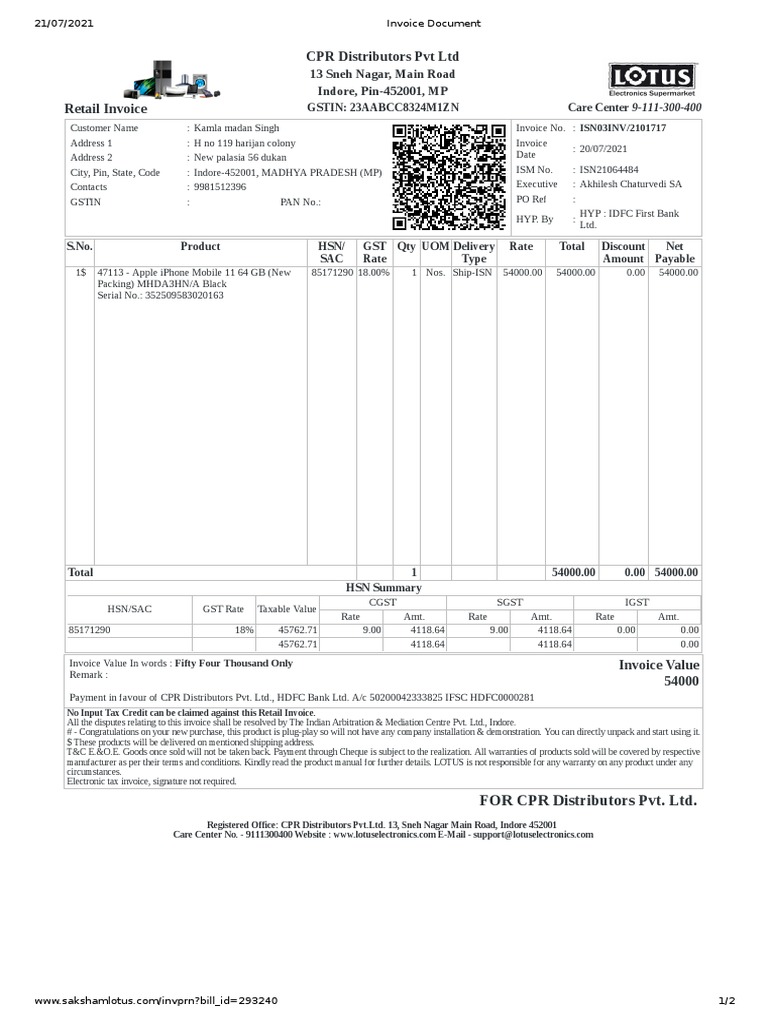 CPR Distributors PVT LTD: GSTIN: 23AABCC8324M1ZN Care Center 9-111-300 ...