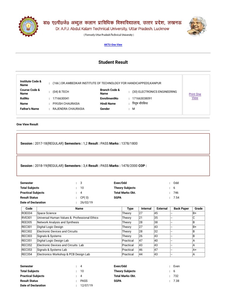 Student Result: Session: 2017-18 (REGULAR) Semesters: 1,2 Result: PASS ...
