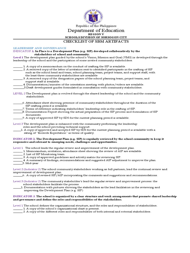 Department of Education: Checklist of SBM Artifacts | PDF | Educational ...