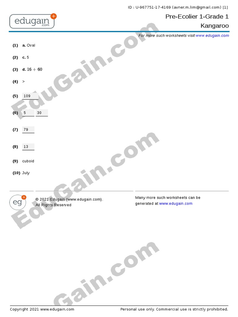 Pre-Ecolier 1-Grade 1 Kangaroo: (1) A. Oval (2) C. 5 (3) D. (4) | PDF