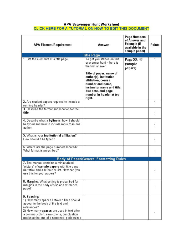 APA Scavenger Hunt Worksheet Guide | PDF | Apa Style | Citation