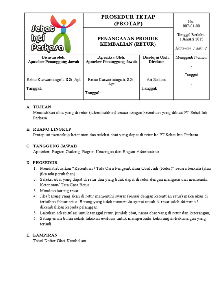 007-01-00 Protap Penanganan Produk Kembalian (Retur) | PDF