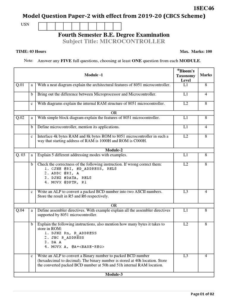 Subject Title: MICROCONTROLLER: 18EC46 Model Question Paper-2 With ...