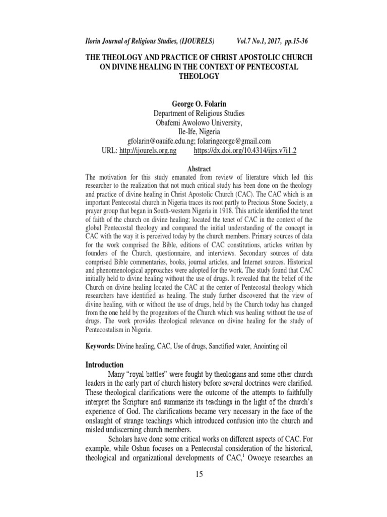 The Theology and Practice of Christ Apostolic Church On Divine Healing ...