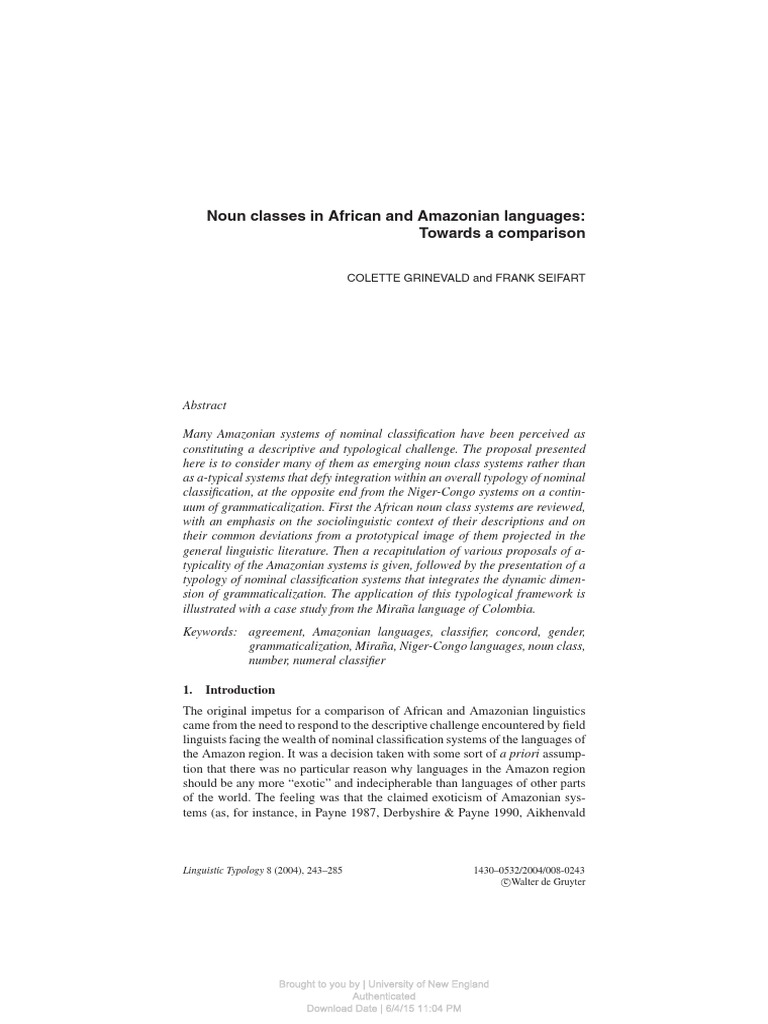 Noun Classes in African and Amazonian Languages: Towards A Comparison ...