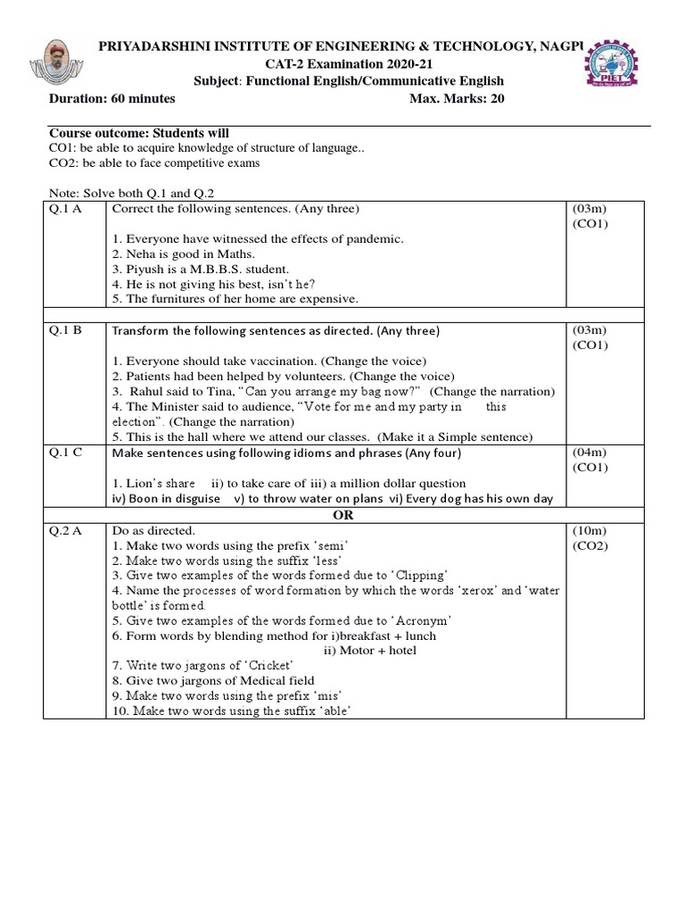 Functional English Exam Paper 2020-21 | PDF | Grammar | Communication