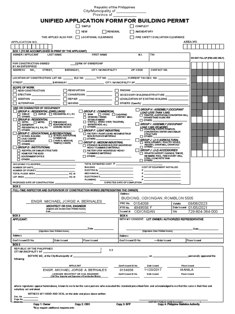 1 Unified Application For BLDG Permit Front - DPWH | PDF | Business
