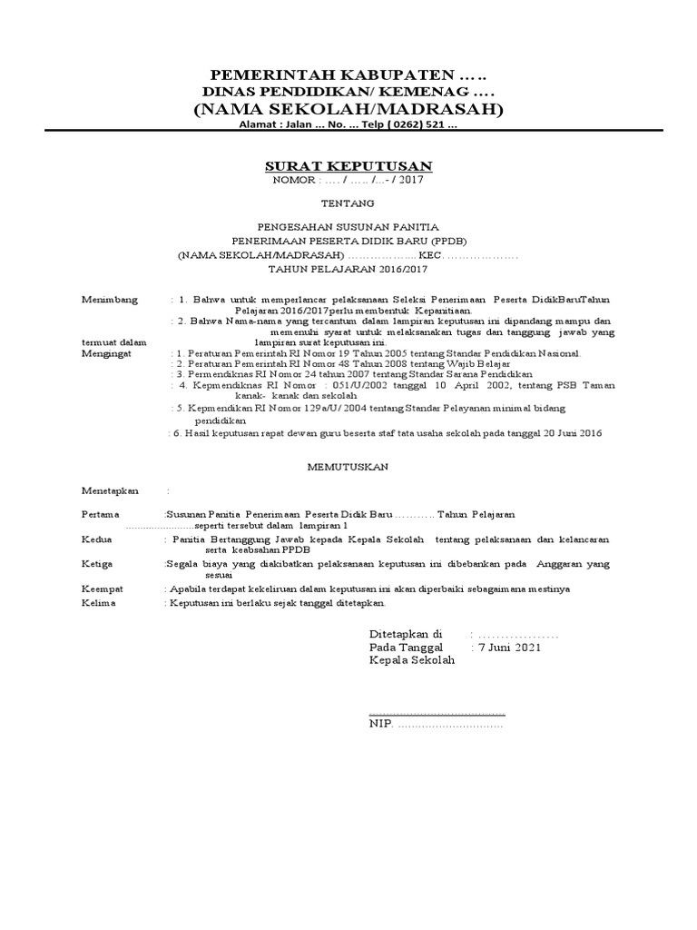 Susunan Panitia PPDB 2021/2022 | PDF