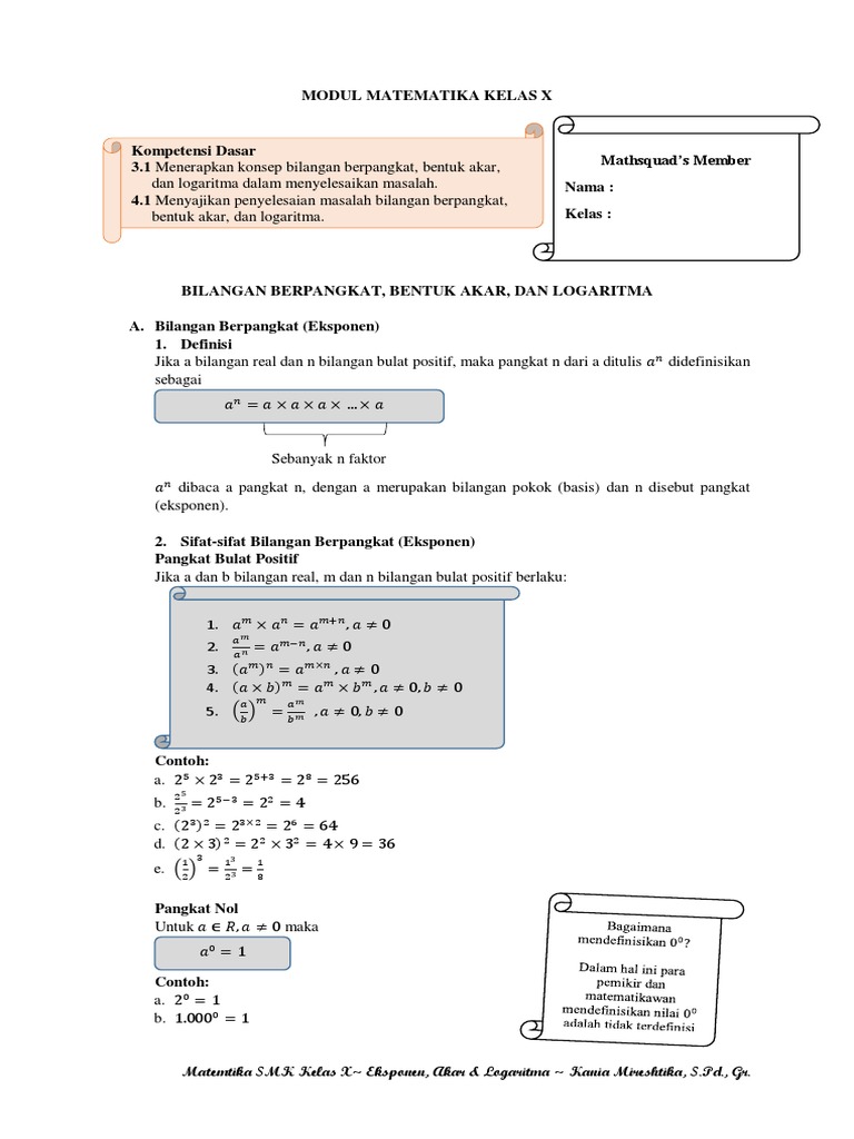 Bab 1 Eksponen Modul Matematika Kelas X Created by Kania Mireshtika, S.PD | PDF
