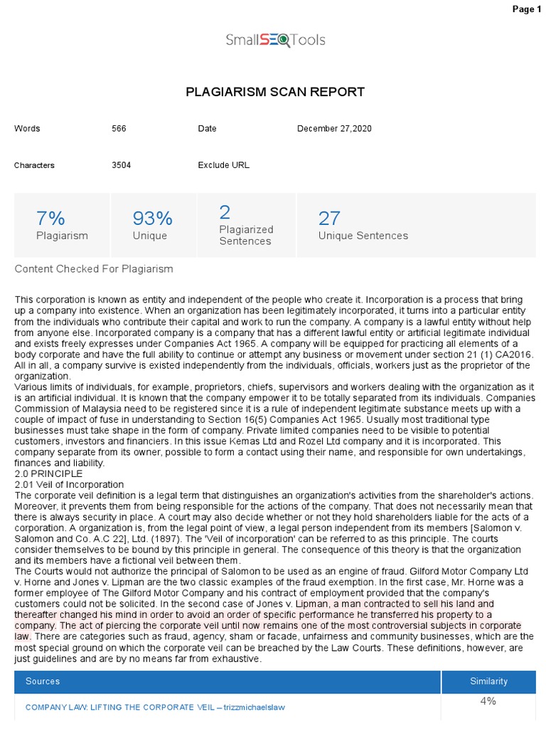 Plag Report | PDF | Piercing The Corporate Veil | Legal Liability