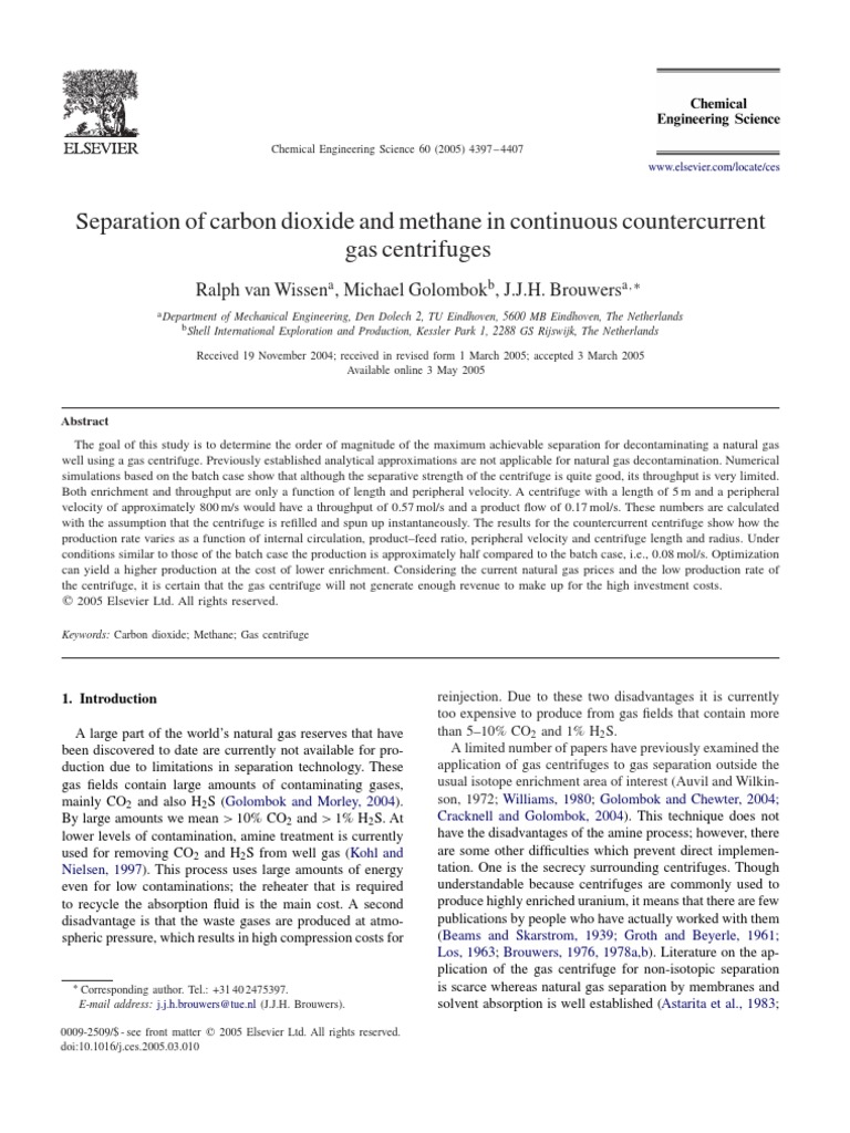 5250 - Separation of Carbon Dioxide and Methane | PDF | Centrifuge | Gases