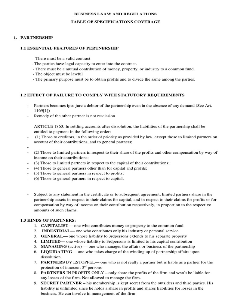 Business Laaw and Regulations Table of Specifications Coverage | PDF ...