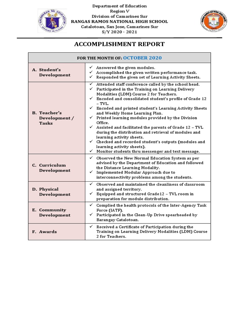 Accomplishment Report: Rangas Ramos National High School | PDF ...