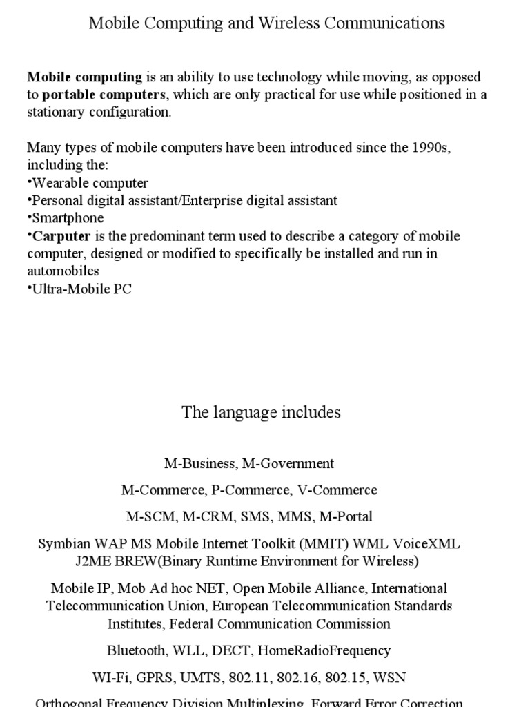 Mobile Computing And Wireless Communications Mobile Computing Is An Ability To Use Technology