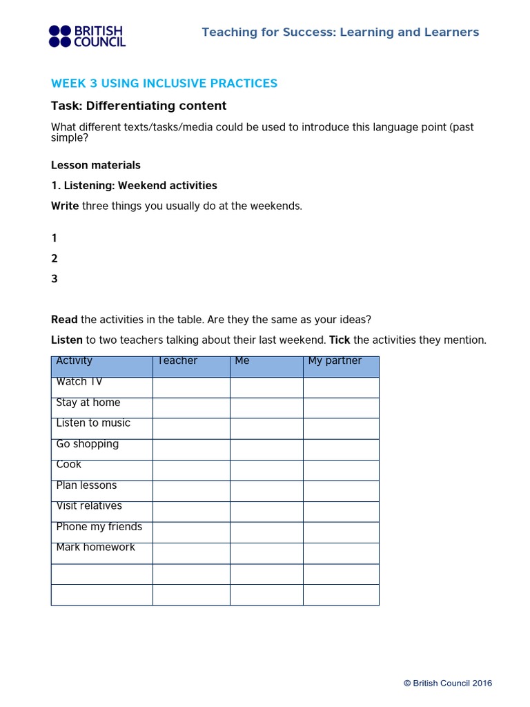 Task: Differentiating Content: Week 3 Using Inclusive Practices | PDF