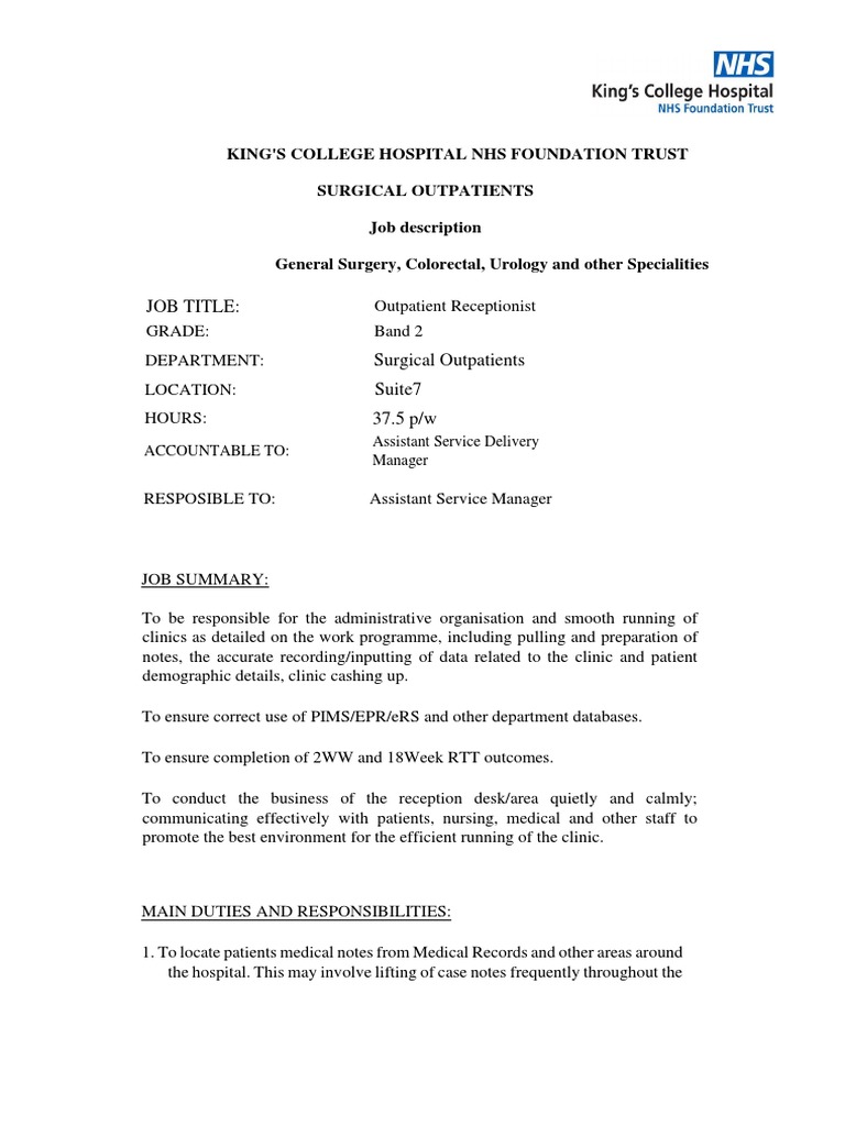 Outpatient Receptionist Job Description KCH | PDF | Medicine | Health ...