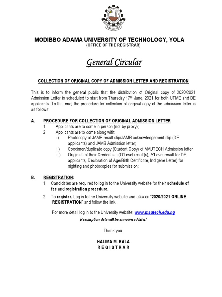 General Circular: Modibbo Adama University of Technology, Yola | PDF ...