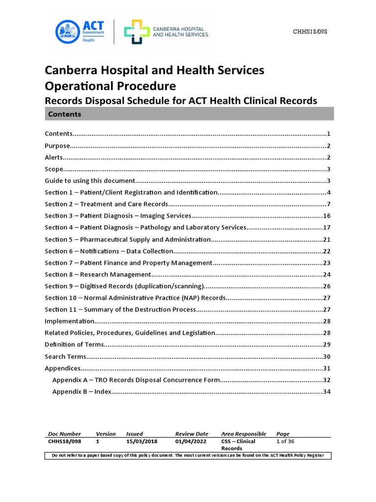 Records Disposal Schedule For ACT Health Clinical Records | PDF ...