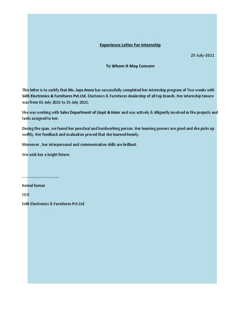Experience Letter For Internship | PDF | Career & Growth