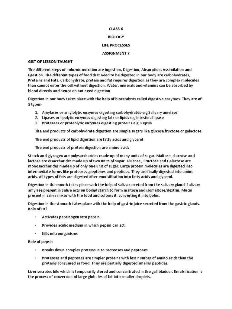 Class X Biology Life Processes Assignment 7 Gist of Lesson Taught | PDF | Digestion | Glucose