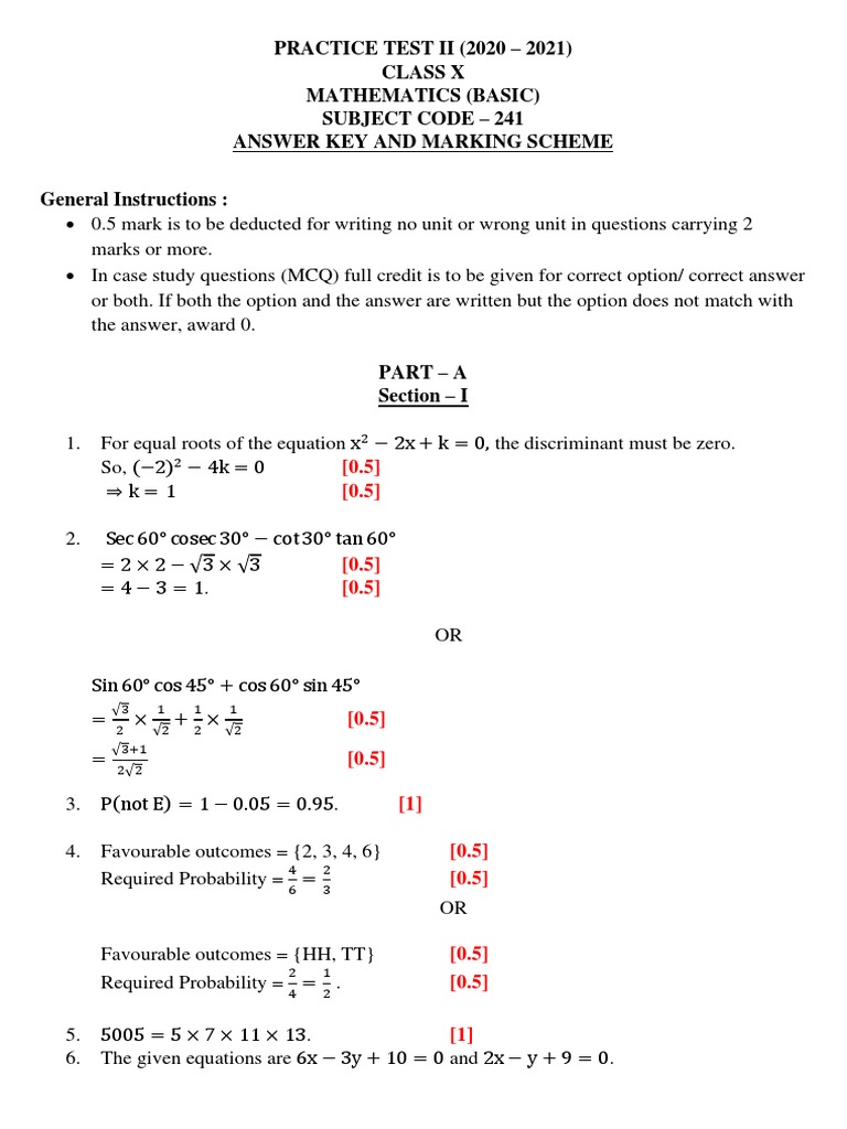 Class 10 Practice Test III Mathematics Basic Answer Key and Marking ...