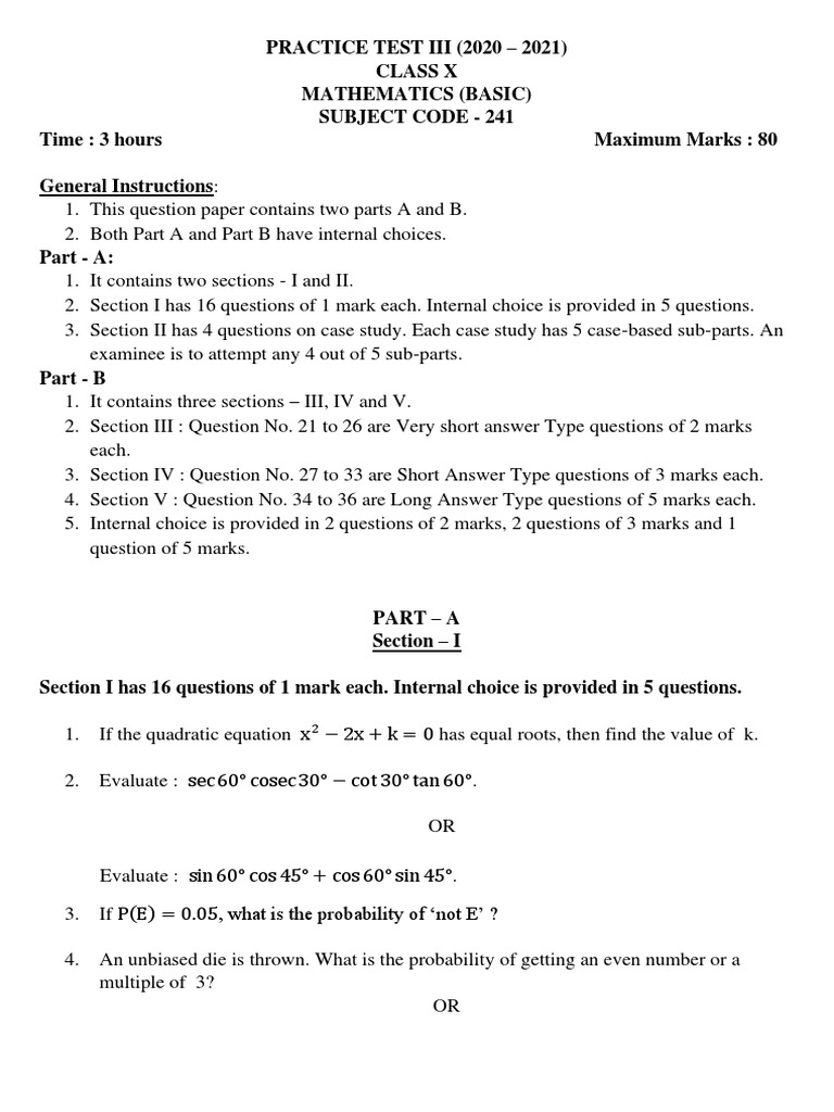 Class 10 Practice Test Mathematics | PDF | Circle | Area