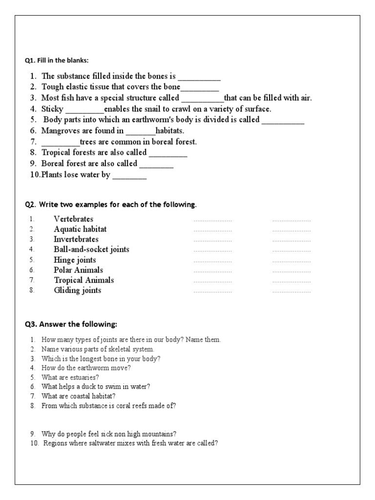 Q1. Fill in The Blanks | PDF | Habitat | Trees