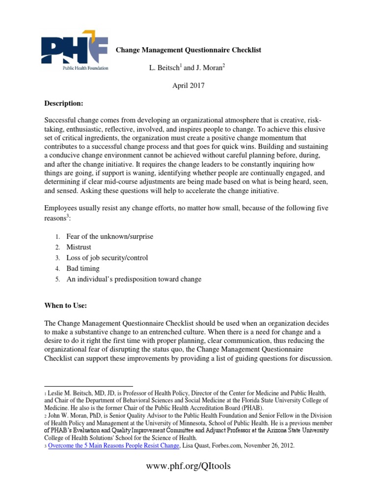 Change Management Questionnaire Checklist | PDF | Public Health | Human ...