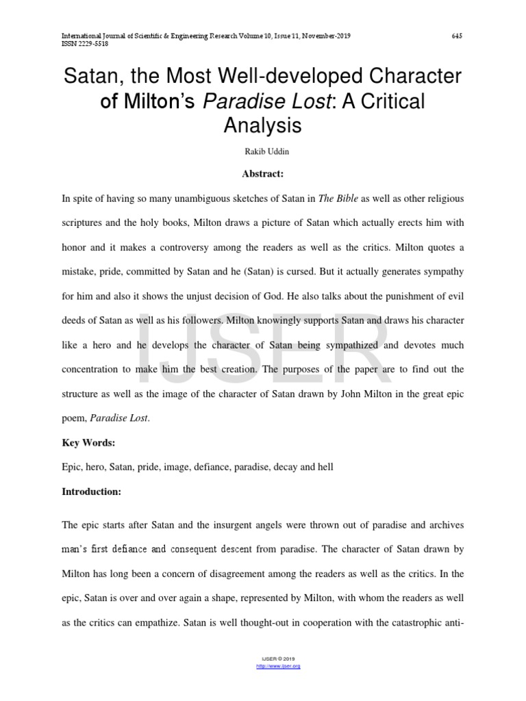 Ijser: Satan, The Most Well-Developed Character of Milton's: A Critical ...