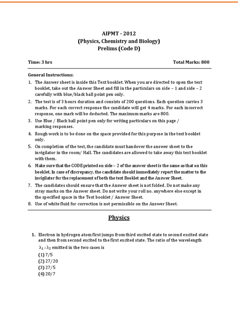 AIPMT - 2012 (Physics, Chemistry and Biology) Prelims (Code D) | Download Free PDF | Electron ...