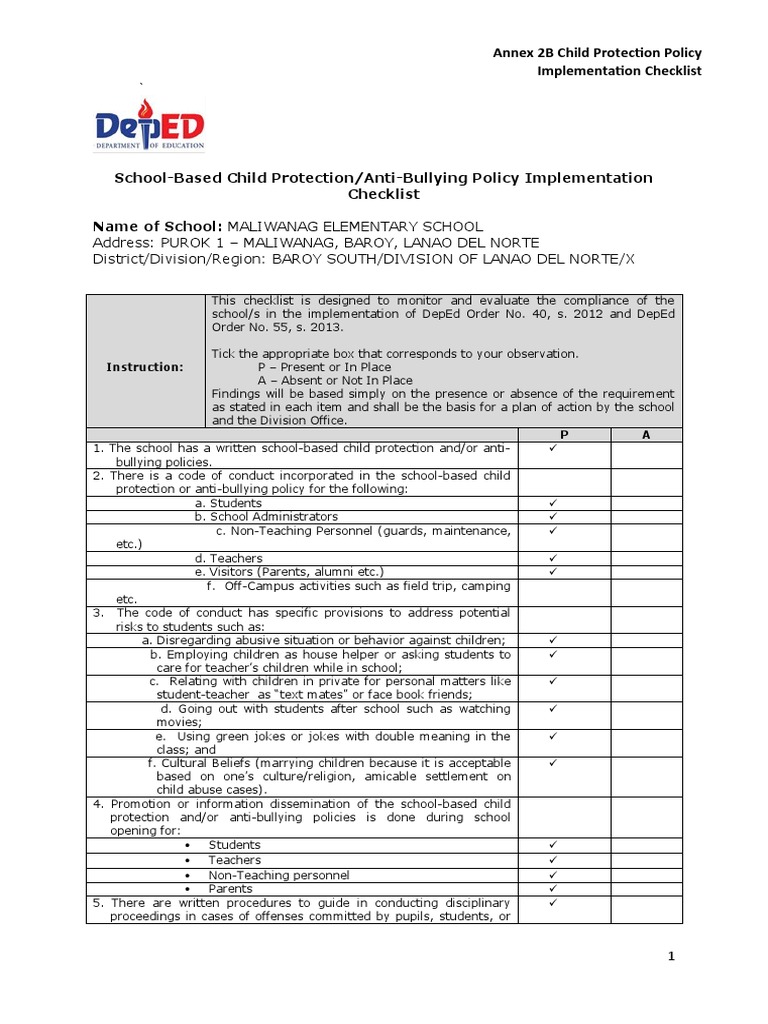 Child Protection Policy Checklist | PDF | Bullying | Child Protection