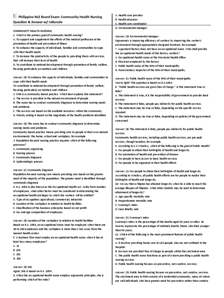 Philippine NLE Board Exam: Community Health Nursing: Question & Answer ...