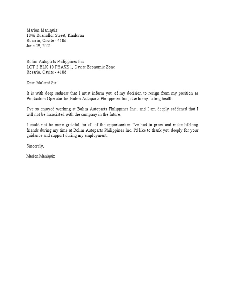 Resignation Letter from Production Operator at Bolim Autoparts ...