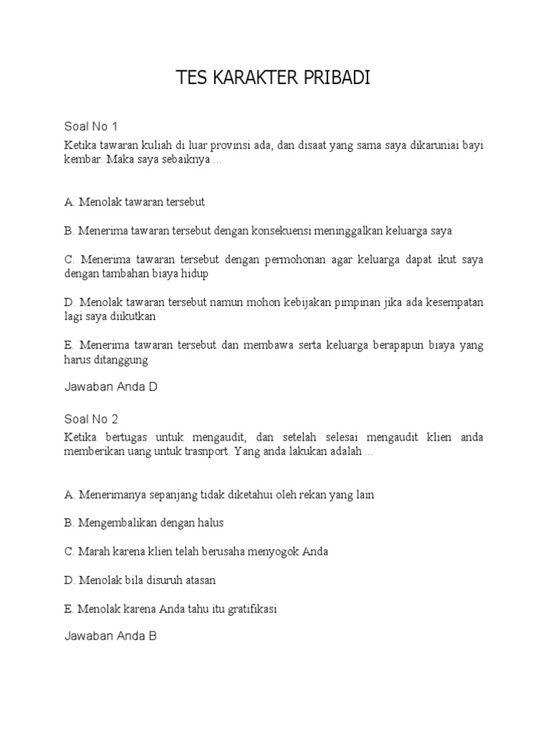 2 - Tes Karakter Pribadi 10 Juli 2021 | PDF