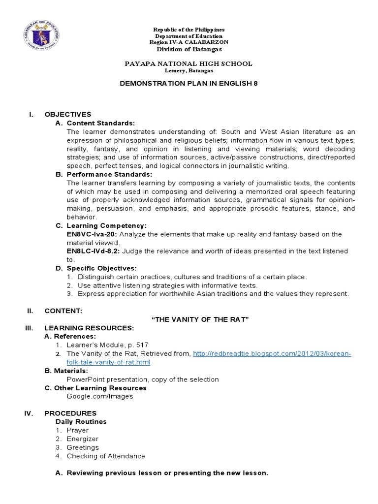 Grade 8 Lesson Plan | PDF | Question | Traditions